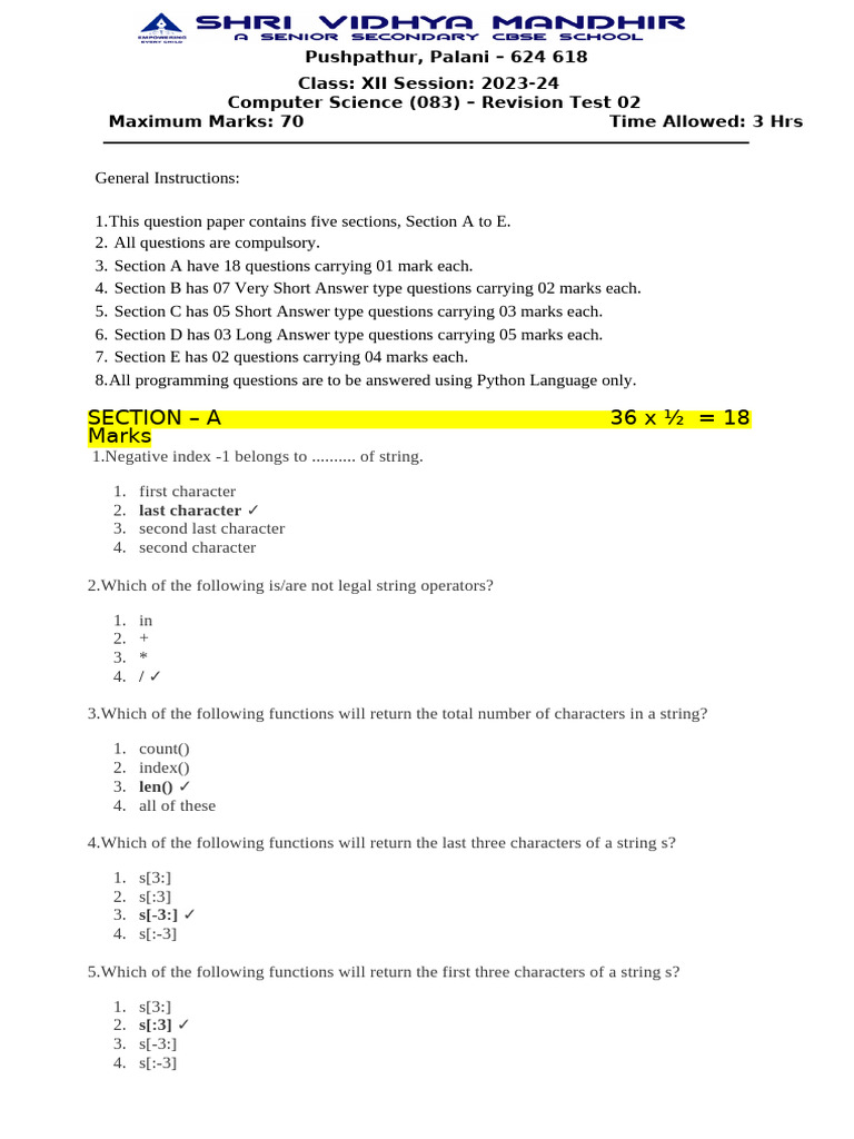 Rev 2 - Q With Ans - Flow Control String List Tuple 22.08.24 | PDF ...