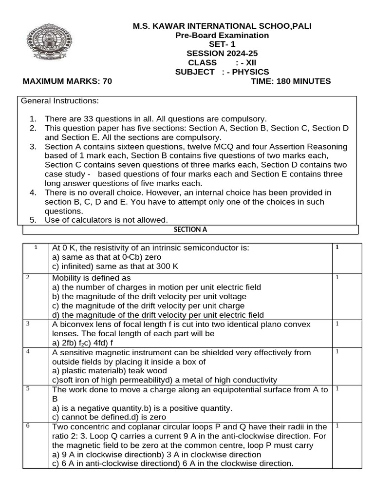 Class 12 Physics Pre-Board Paper 2024 | PDF | Microwave | Electric Charge