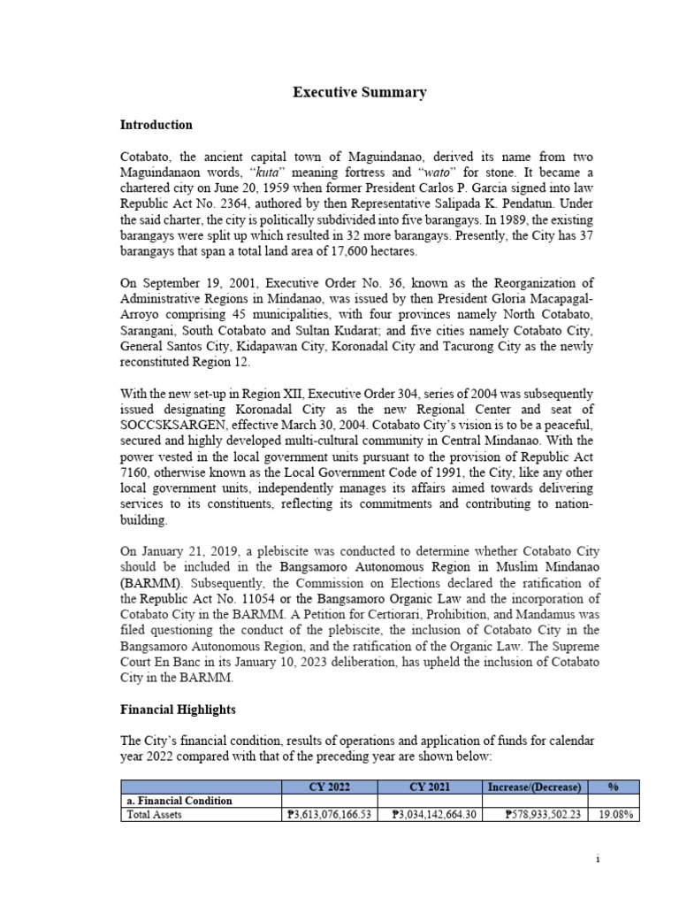 Cotabato City Executive Summary 2022 | PDF | Audit | Business Cotabato City Executive Summary 2022 | PDF | Audit | Business