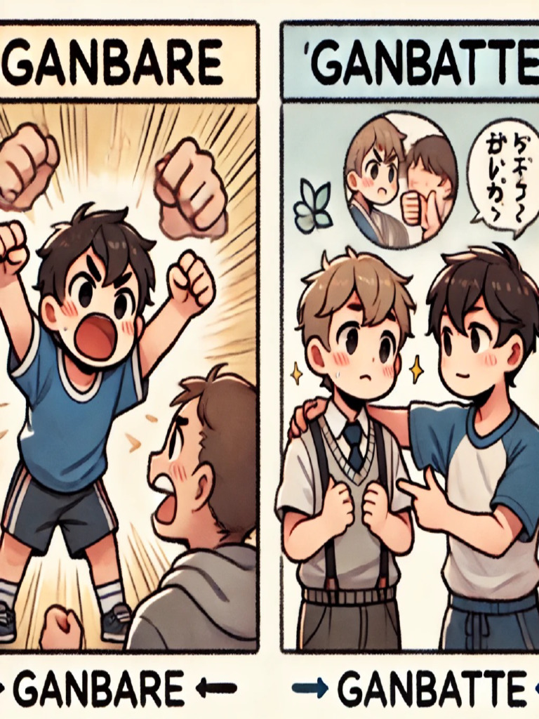 DALL·E 2024-11-14 00.53.48 - A friendly illustration comparing 'Ganbare ... DALL·E 2024-11-14 00.53.48 - A friendly illustration comparing 'Ganbare ...