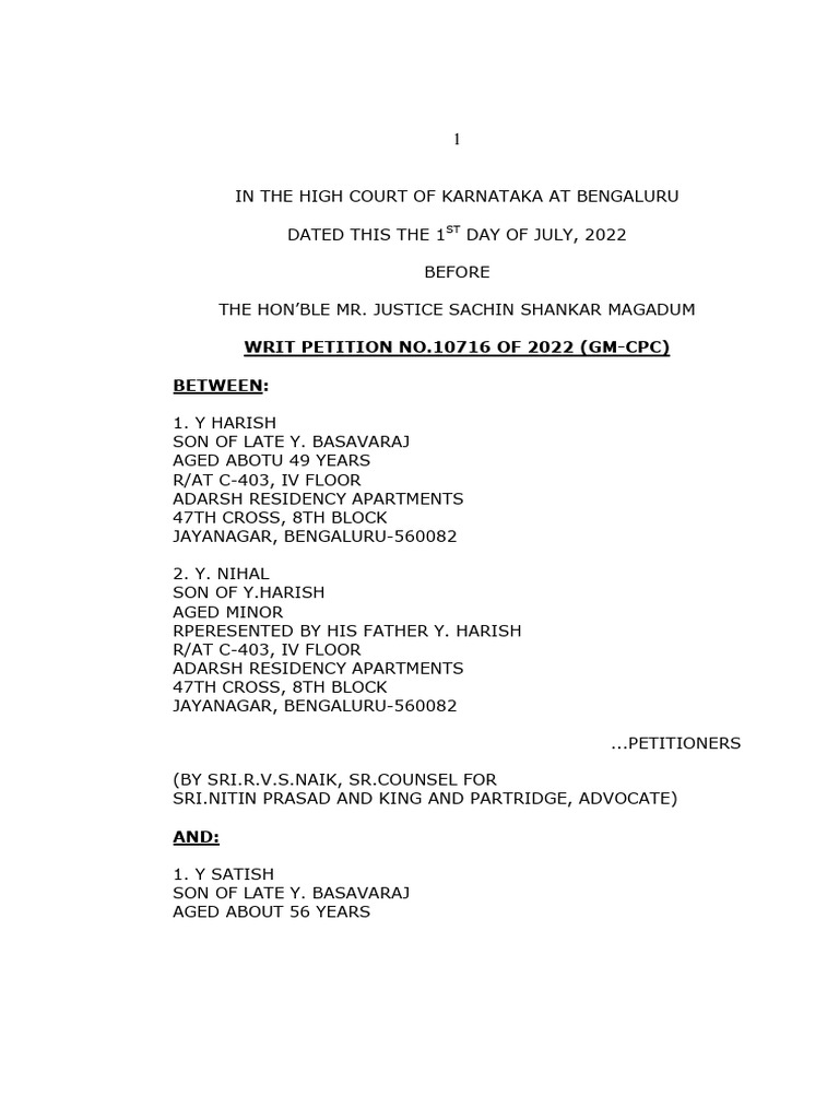 Y Harish vs. Y Satish (2) - JUDGEMENT | PDF | Lawsuit | Arbitration