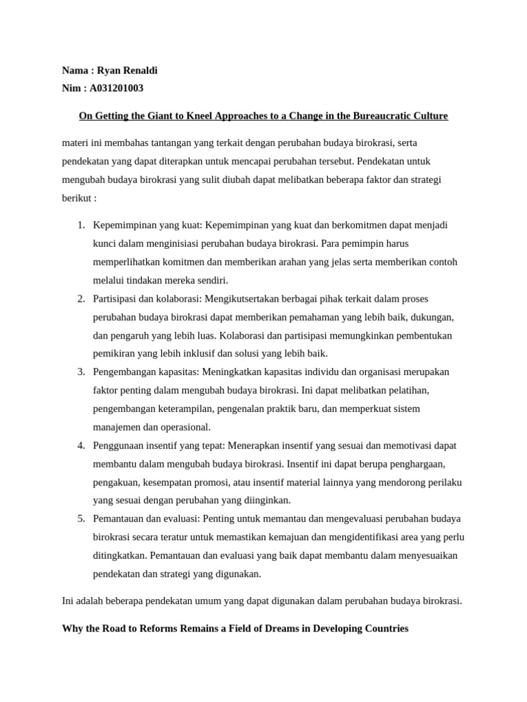 RMK Chapter 9 On Getting The Giant To Kneel Approaches To A Change in The Bureaucratic Culture ...