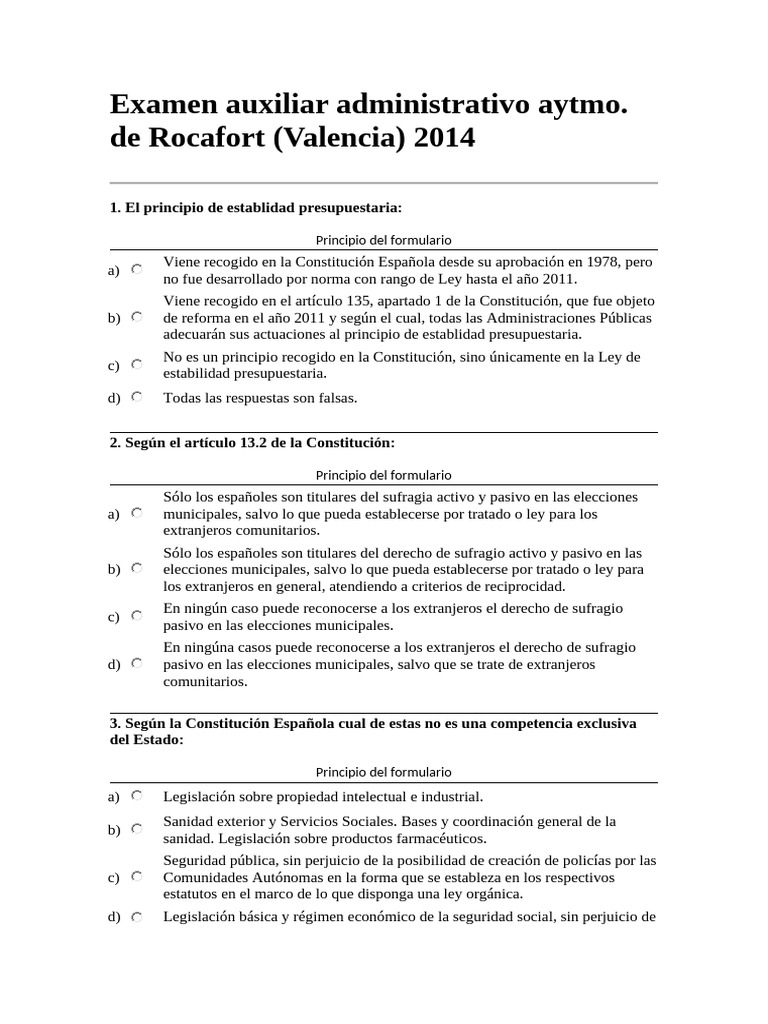 Examen Auxiliar Administrativo Aytmo Rocafor 2014 | PDF | Caso de ley ...