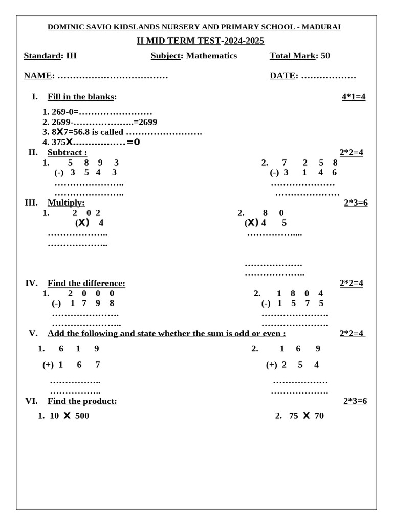 3rd maths 2 mid term | PDF | Subtraction | Mathematics
