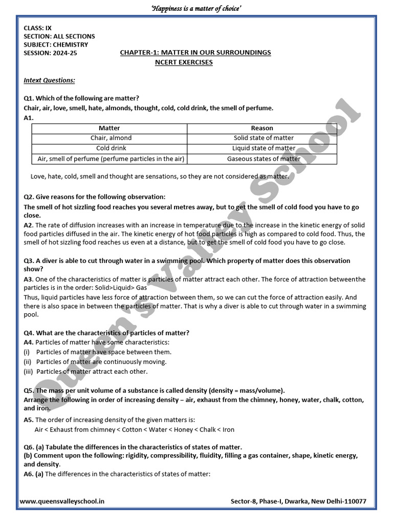 CLASS9_SCIENCE_CH-1_MATTER IN OUR SURROUNDINGS_NCERT EXERCISES | PDF ...
