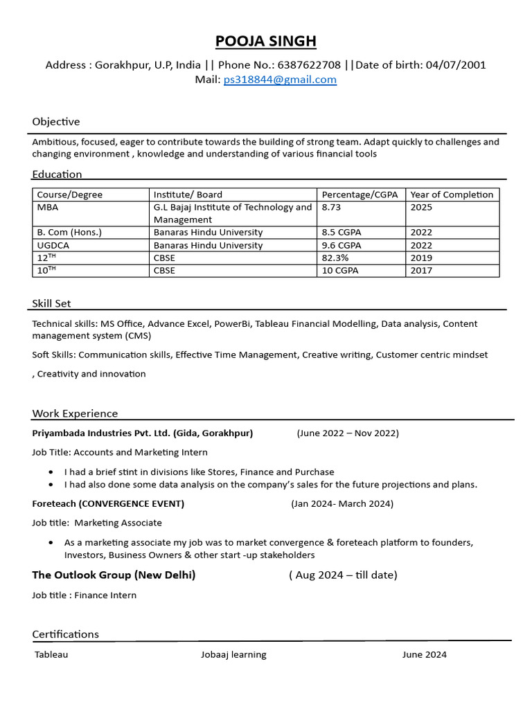 Pooja Finance resume POOJA SINGH - POOJA SINGH (1) | PDF