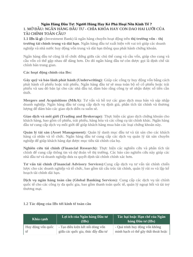 1. Mở Đầu: Ngân Hàng Đầu Tư - Chìa Khóa Hay Con Dao Hai Lưỡi Của Tài Chính Toàn Cầu? 1.1 Ibs Là ...