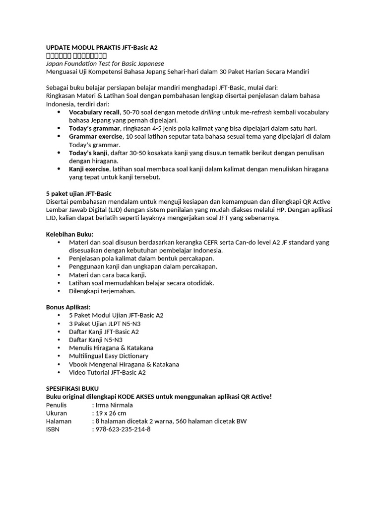 Deskripsi Modul Praktis JFT Basic A2 | PDF