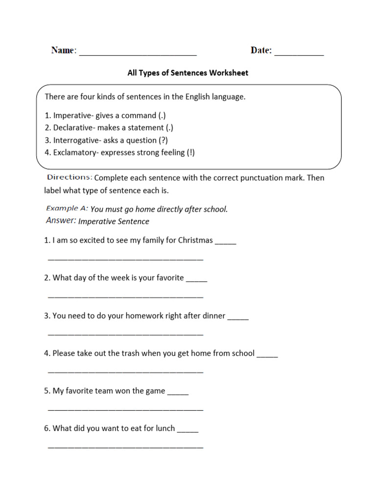 All Types of Sentences Worksheet | PDF