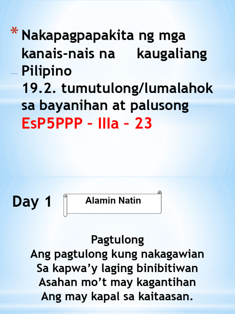 ESP 5 PPT Q3 W2 - Nakapagpapakita NG Mga Kanais-Nais Na Kaugaliang Pilipino | PDF