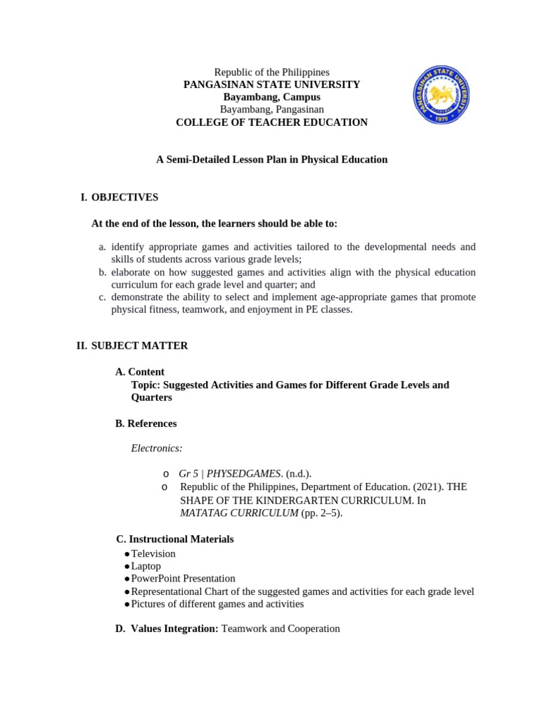 PE Lesson Plan | PDF | Physical Education | Curriculum