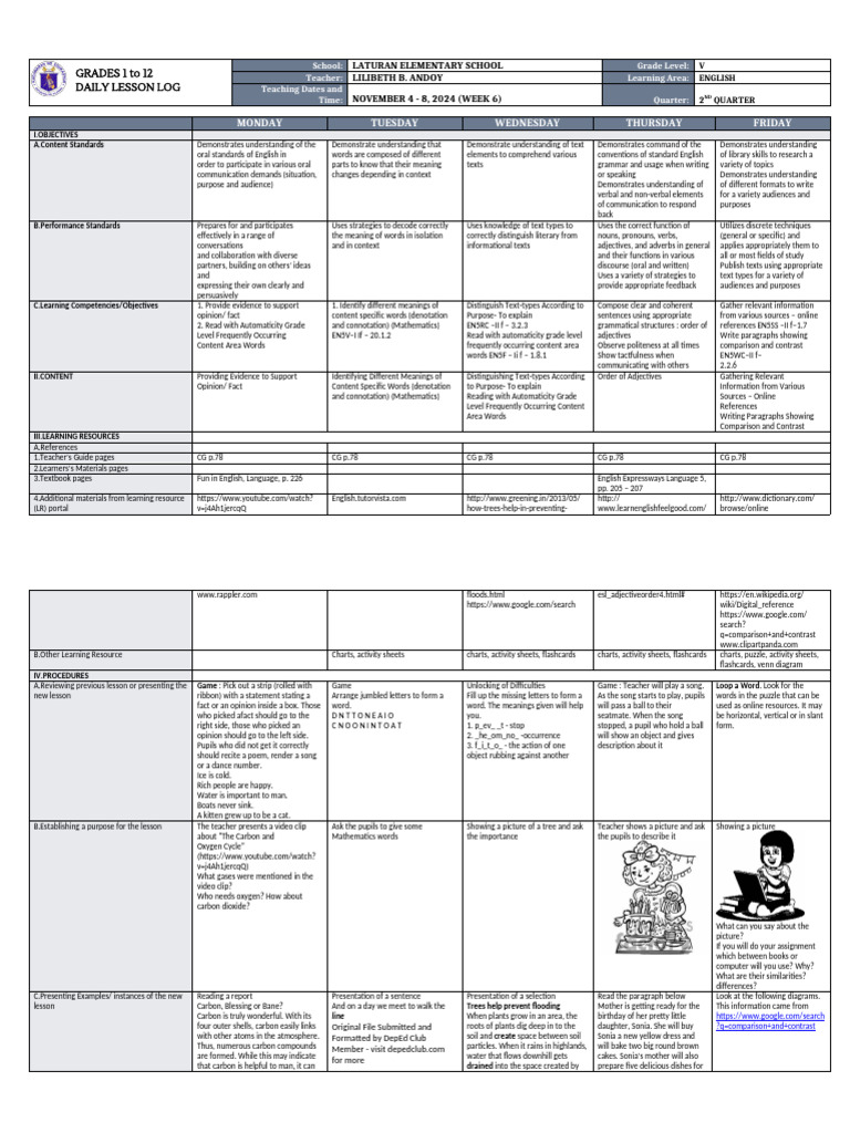 DLL - ENGLISH 5 - Q2 - W6 | PDF | English Language | Luzon