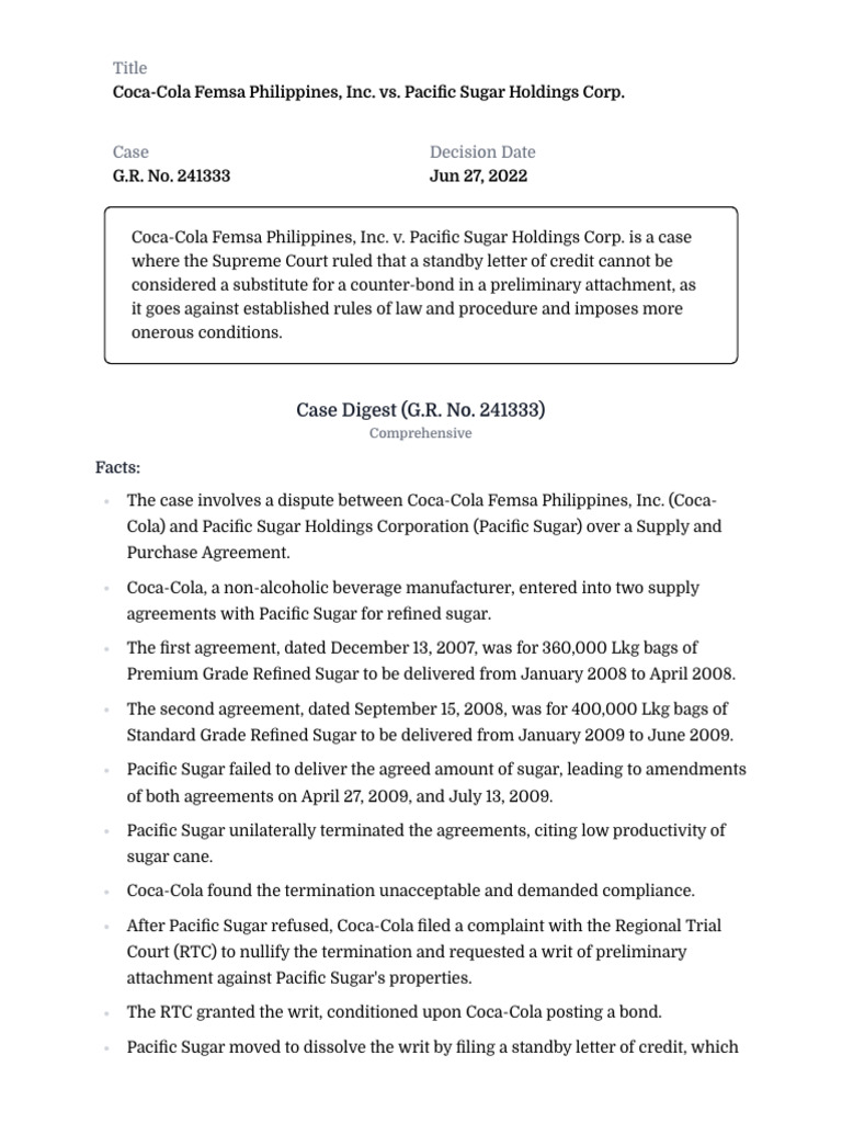Coca-Cola Femsa Philippines, Inc. vs. Pacific Sugar Holdings Corp ...