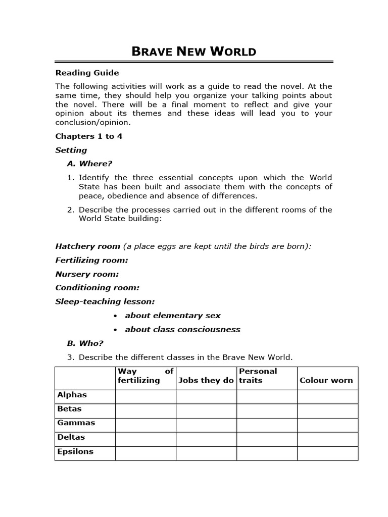 BNW Reading Guide Chapters 1 - 4 | PDF