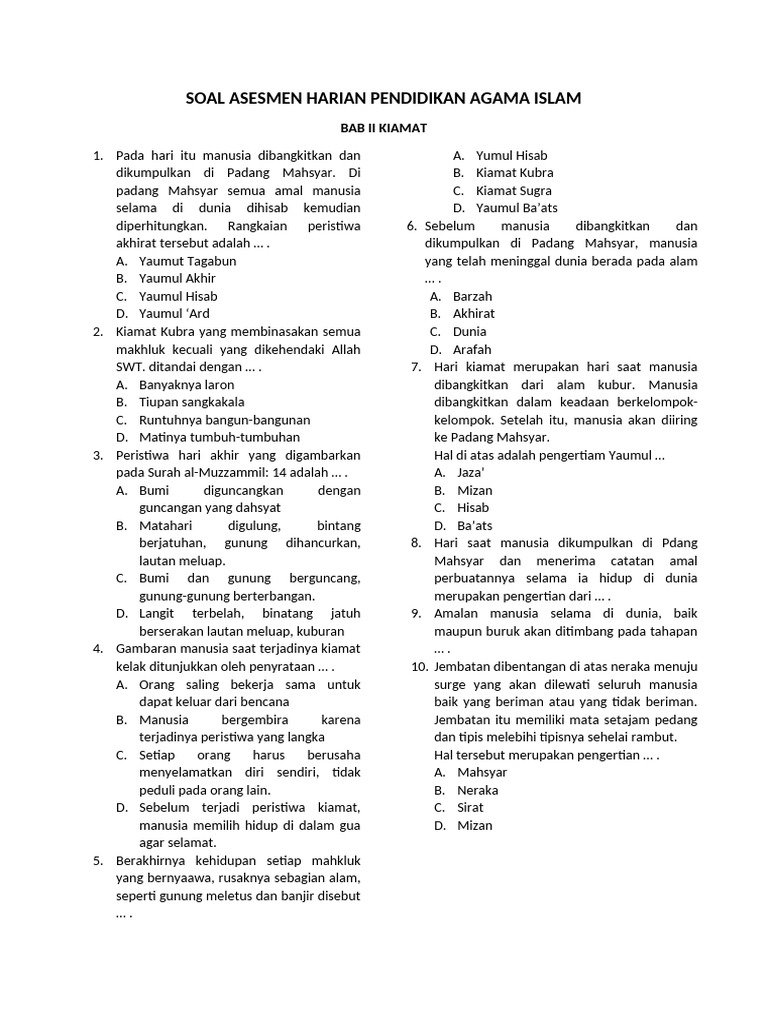SOAL ASESMEN HARIAN PENDIDIKAN AGAMA ISLAM | PDF