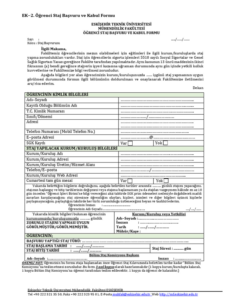 EK-2_Öğrenci Staj Başvuru ve Kabul Formu | PDF