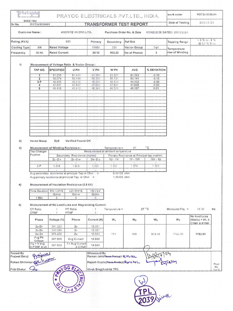650KVA Witnessed Test Report | PDF