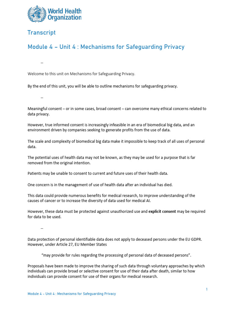 WHO_EthicsAI_Transcript_Module4_Unit4_en_v0.1 | PDF | Consent | Privacy
