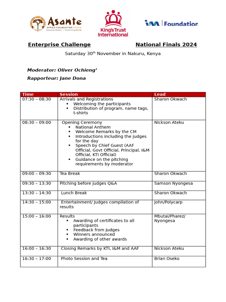 Enterprise Challenge Kenya - National Finals 2024 Schedule | PDF