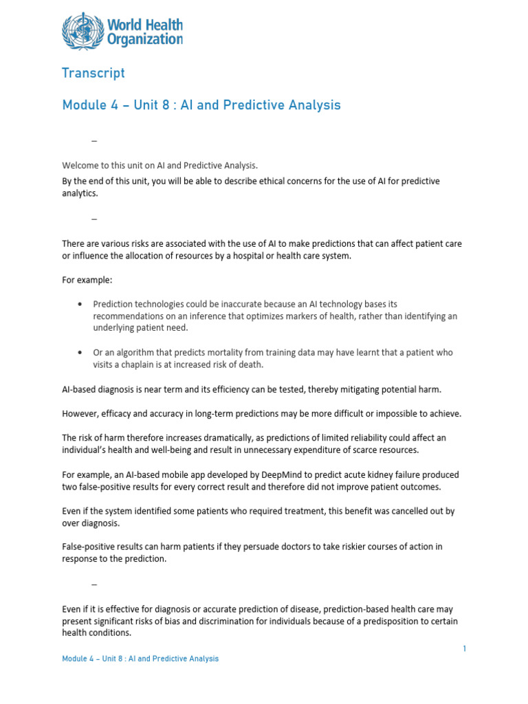 WHO EthicsAI Transcript Module4 Unit8 en v0.1 | PDF | Artificial Intelligence | Intelligence (AI ...