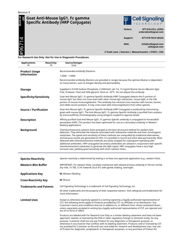 Goat Anti-Mouse IgG1, FC Gamma Specific Antibody (HRP Conjugate) (#96714) Datasheet With Images ...