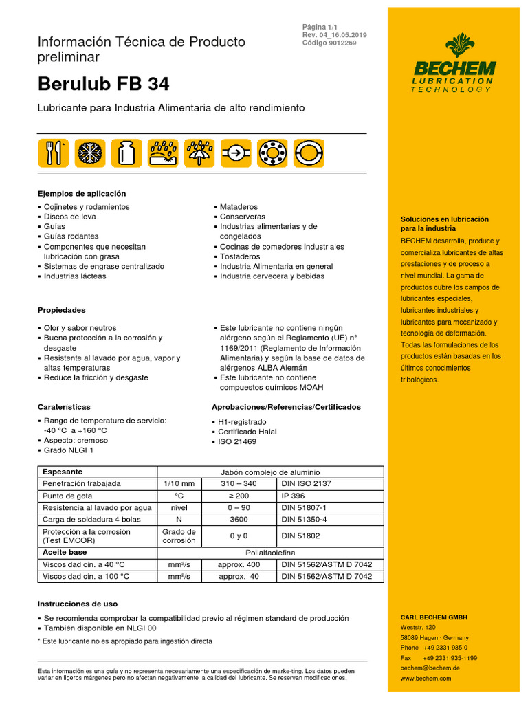 Berulub FB 34 Tds | PDF | Lubricante | Rodamiento (Mecánico)