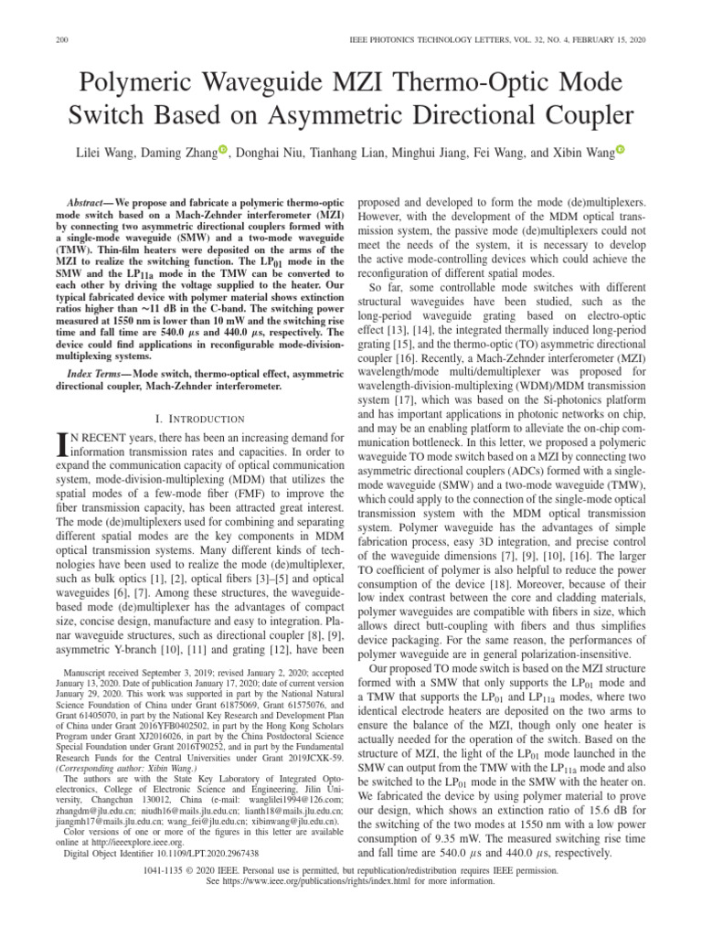 Polymeric Waveguide MZI Thermo-Optic Mode Switch Based On Asymmetric Directional Coupler2020 ...