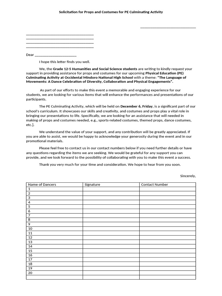 Solicitation For Props and Costumes For PE Culminating Activity | PDF
