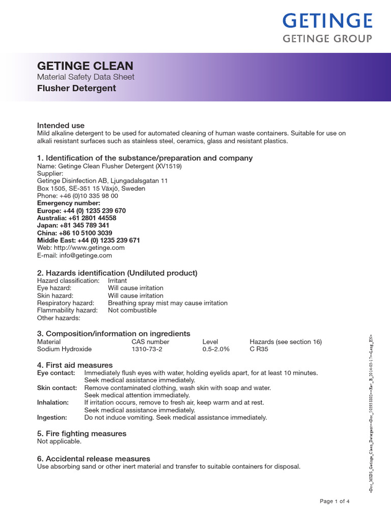 Getinge Clean-Flusher DTRGNT MSDS Manuval Plus Ot 18 | PDF | Personal Protective Equipment | Water