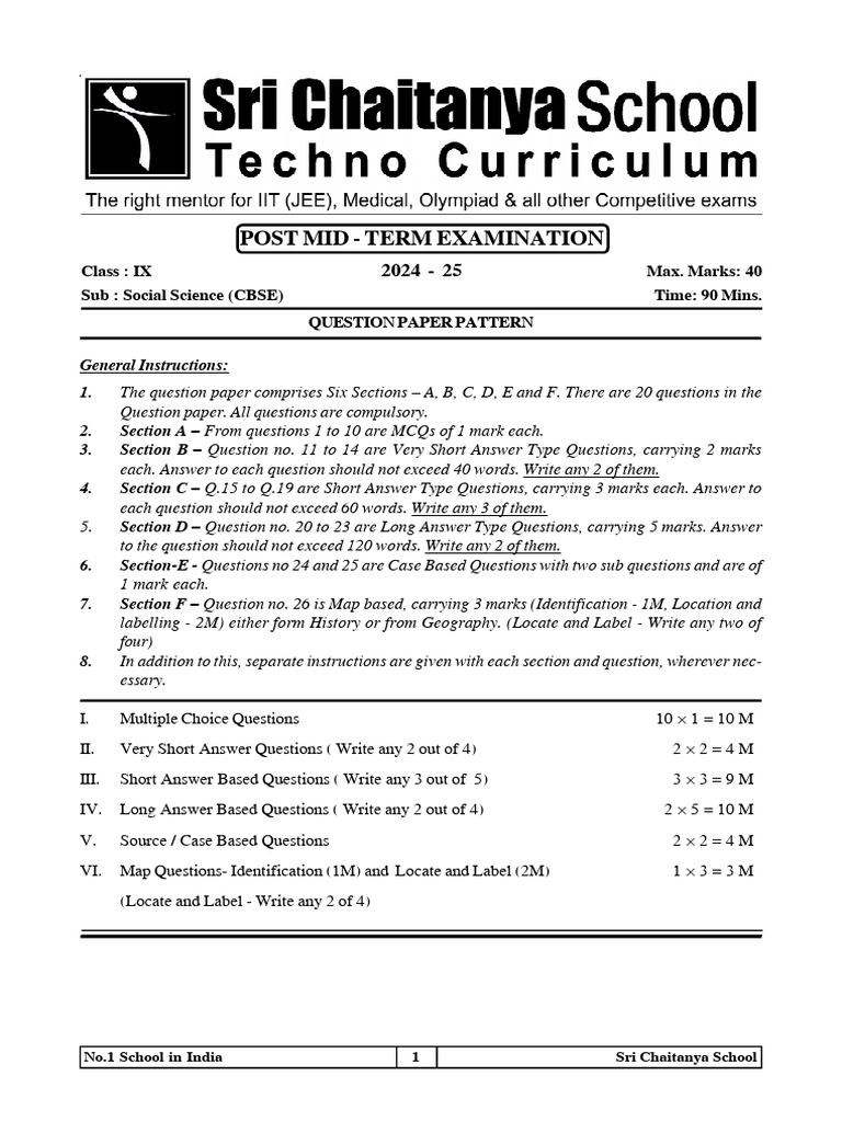 Revised Social Science (CBSE) Class IX Post Mid Term QP Pattern (2024-25) 40 Marks | PDF