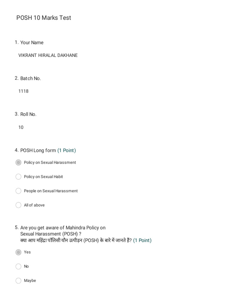 POSH 10 Marks Test | PDF