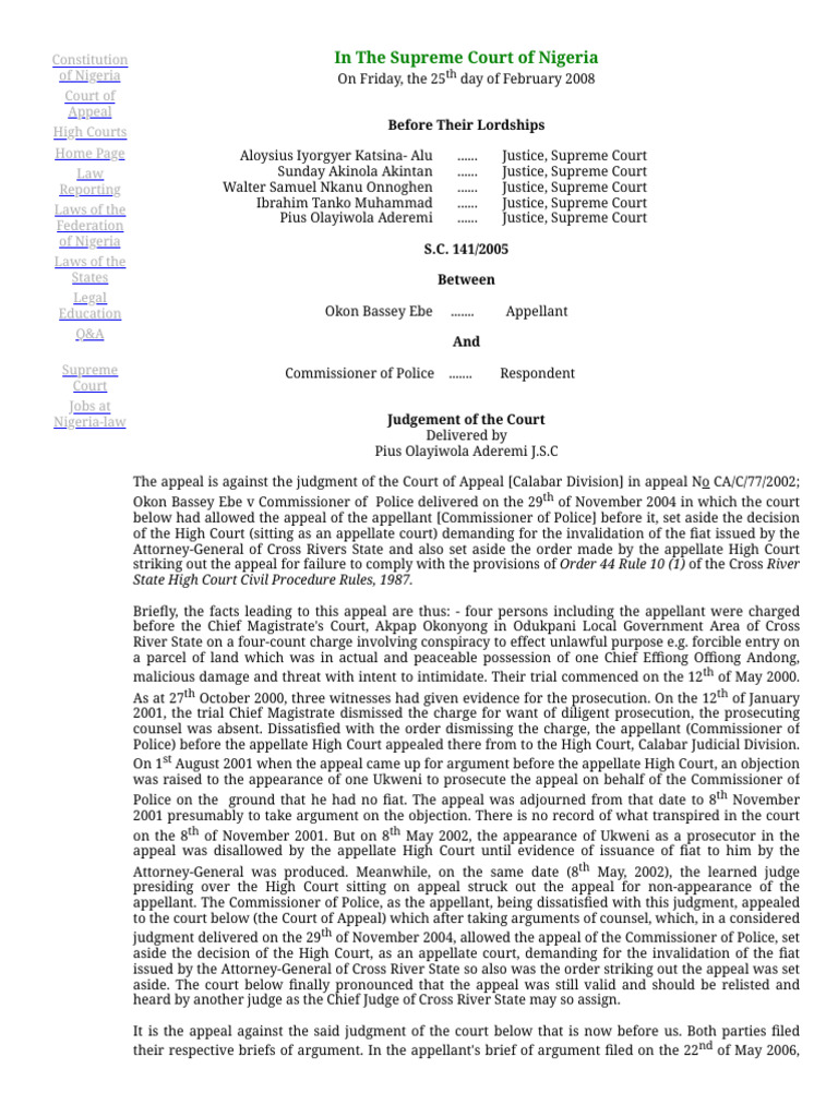 Okon Bassey Ebe V Commissioner of Police | PDF | Appeal | Judgment (Law)