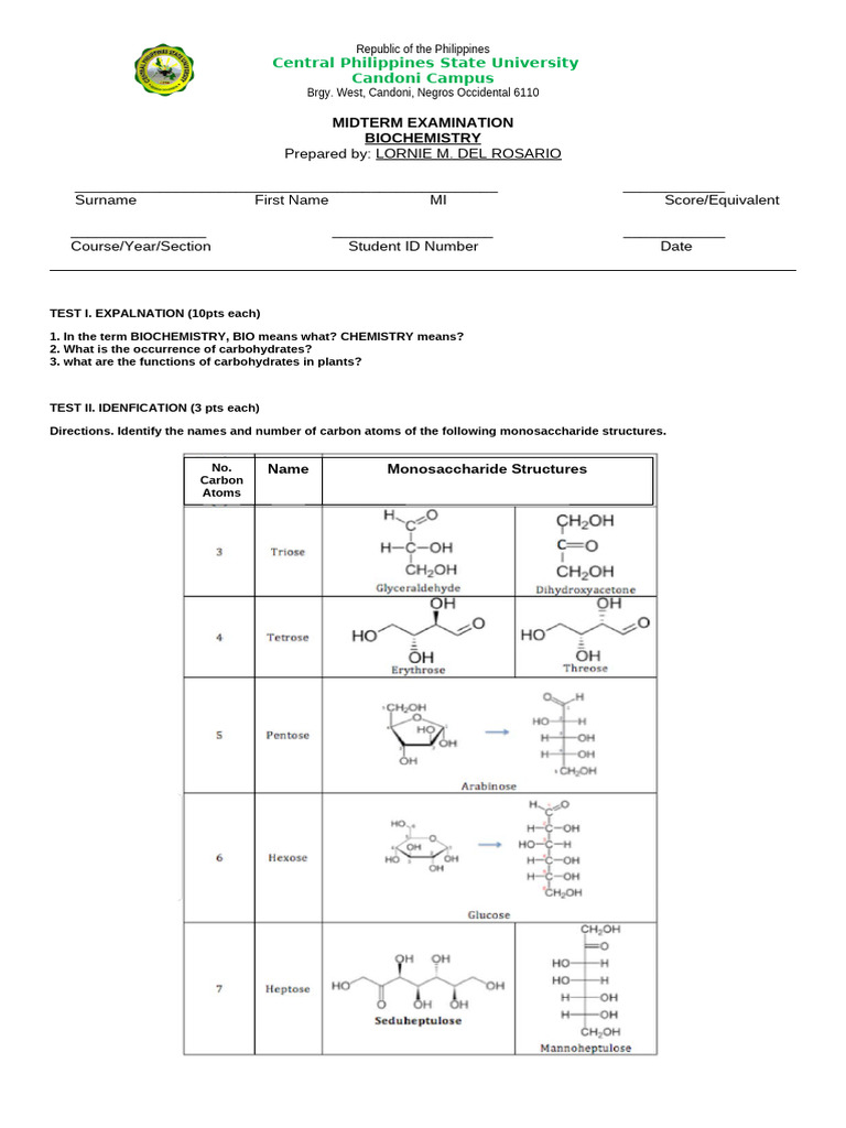 Midterm Examination Biochem | PDF | Carbohydrates | Biochemistry