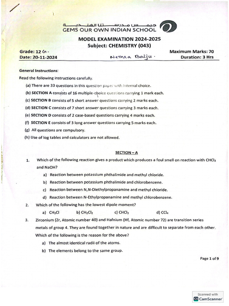Chemistry Model Paper | PDF