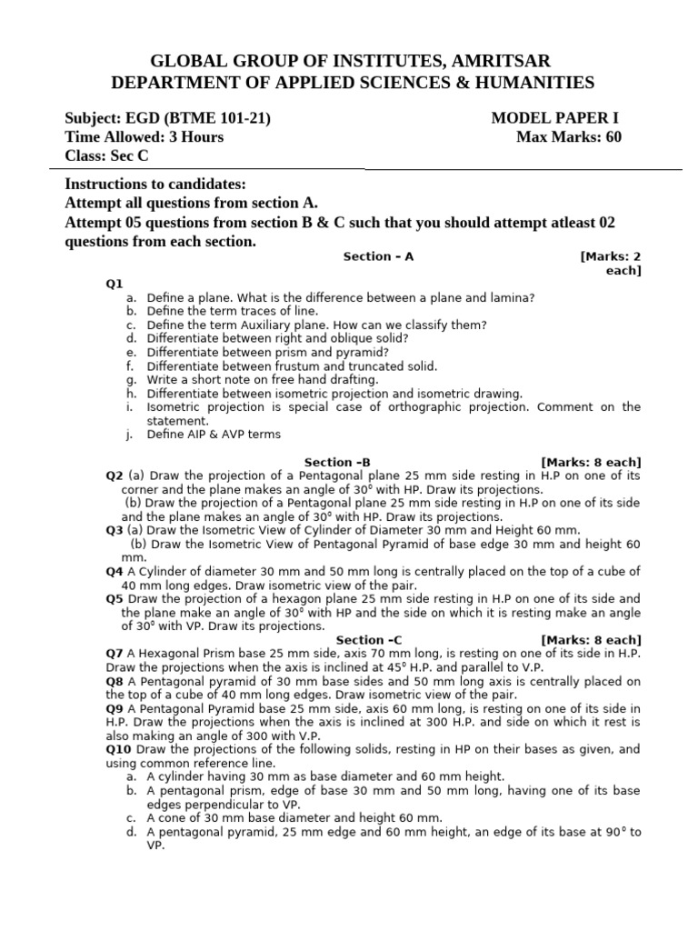 Egd Model Paper I | PDF | Elementary Geometry | Geometric Objects