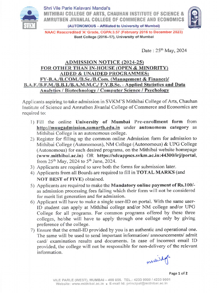 FY Admission Notice Outsider Students 2024-25-1 | PDF