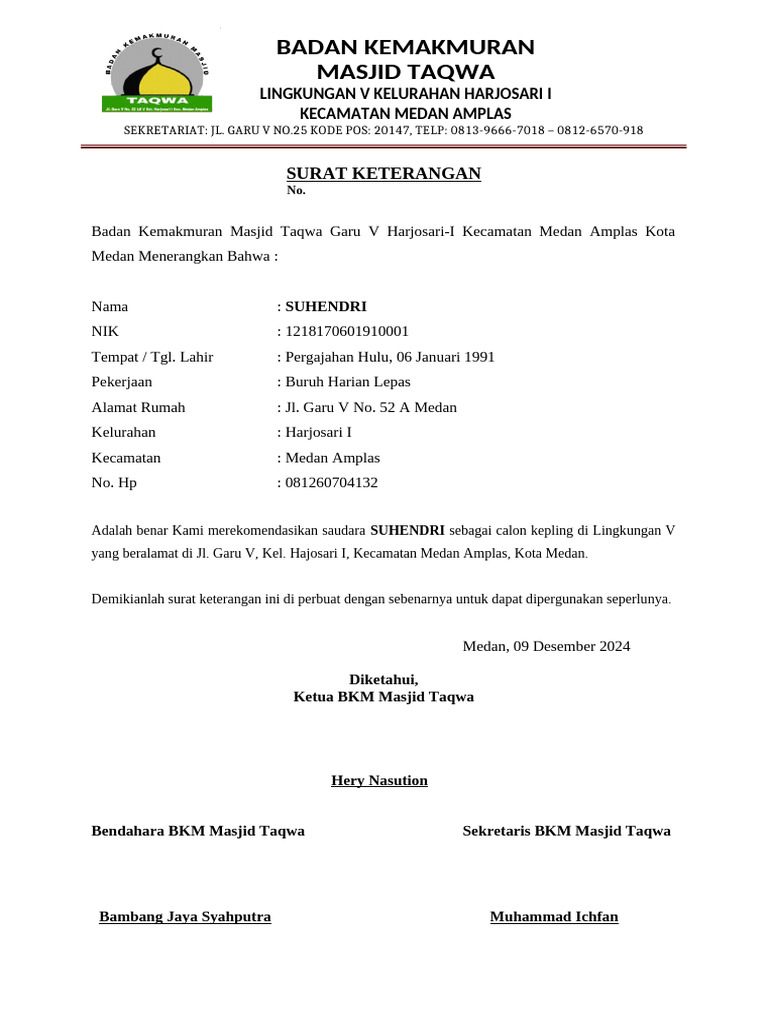 Surat Keterangan Calon Kepling BKM | PDF