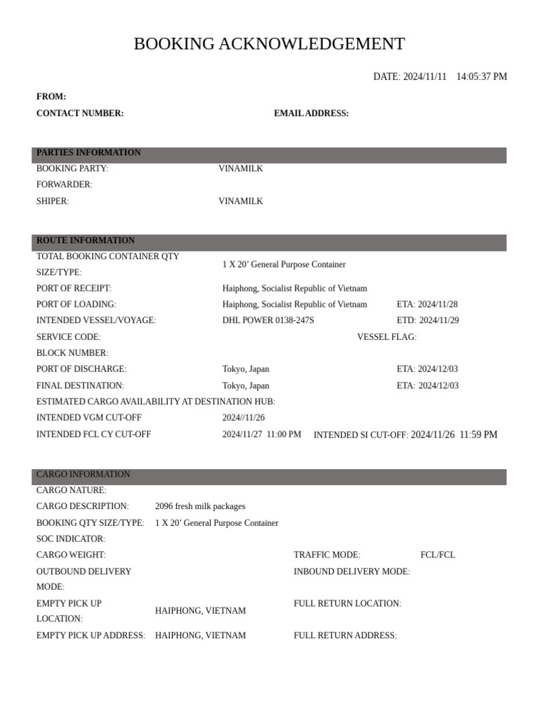 Vinamilk Shipping Booking Confirmation | PDF | Cargo | Transport