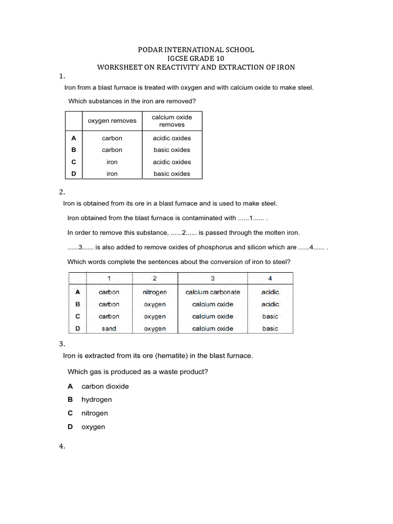 Worksheet On Iron Extraction and Reactivtiy | PDF | Iron | Blast Furnace