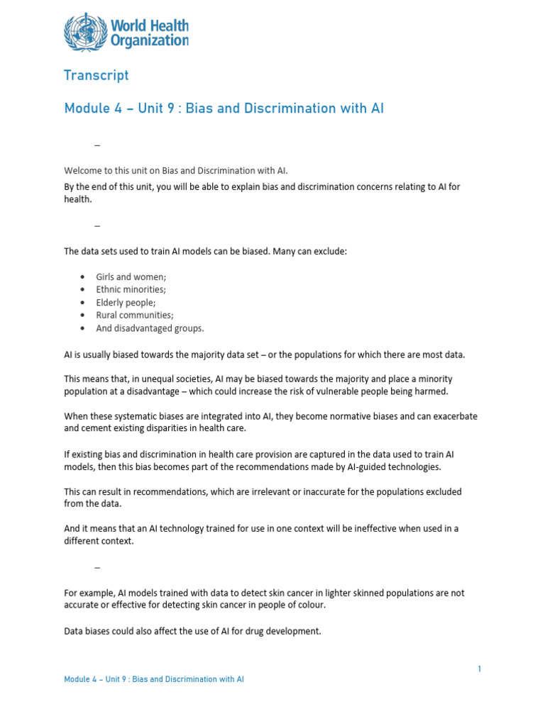 WHO EthicsAI Transcript Module4 Unit9 en v0.1 | PDF | Artificial Intelligence | Intelligence (AI ...