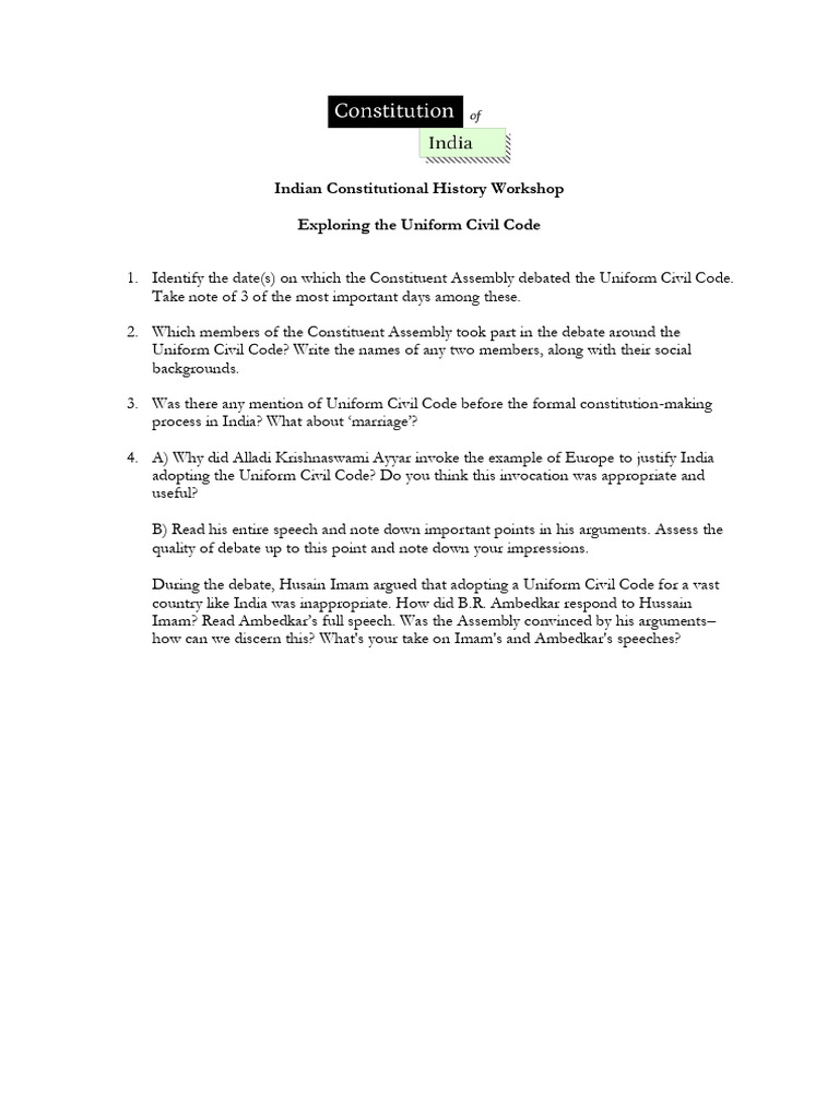 Worksheet On Uniform Civil Code 1 | PDF