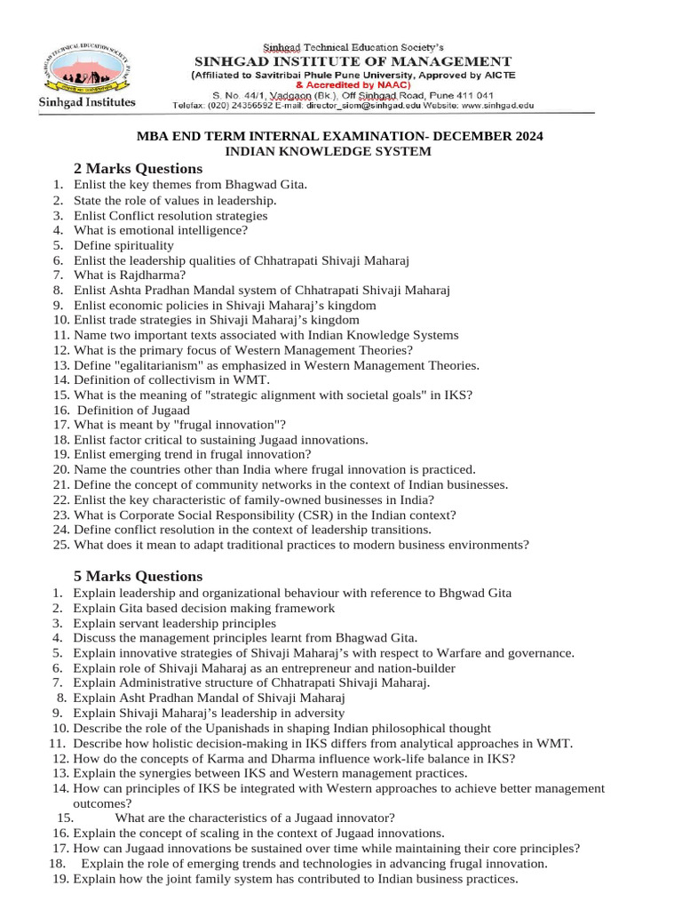 MBA Exam: Indian Knowledge System Insights | PDF | Leadership | Innovation