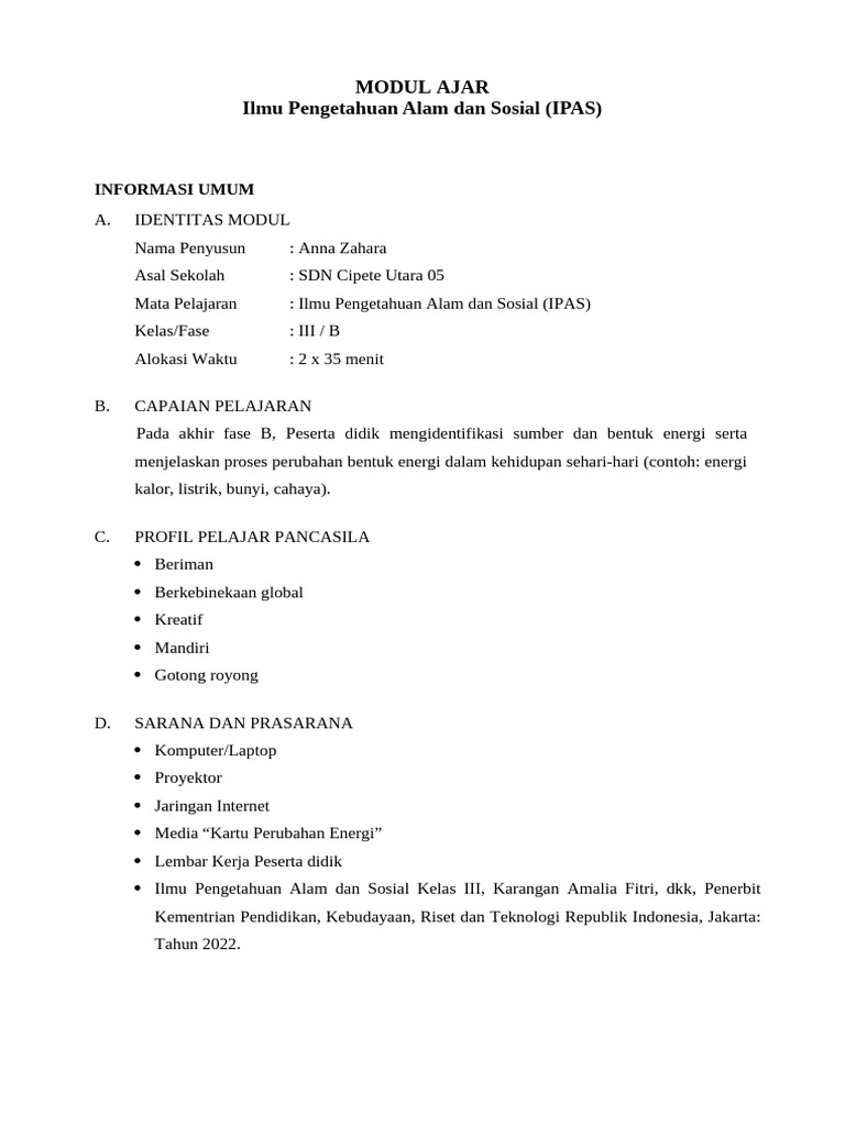 MODUL AJAR IPAS Anna Zahara Kelas 3 | PDF