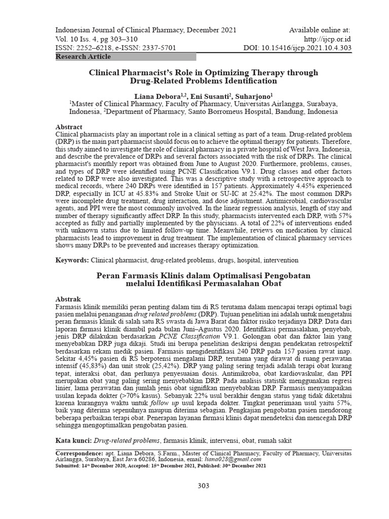 Clinical Pharmacist's Role in Optimizing Therapy Through Drug-Related ...