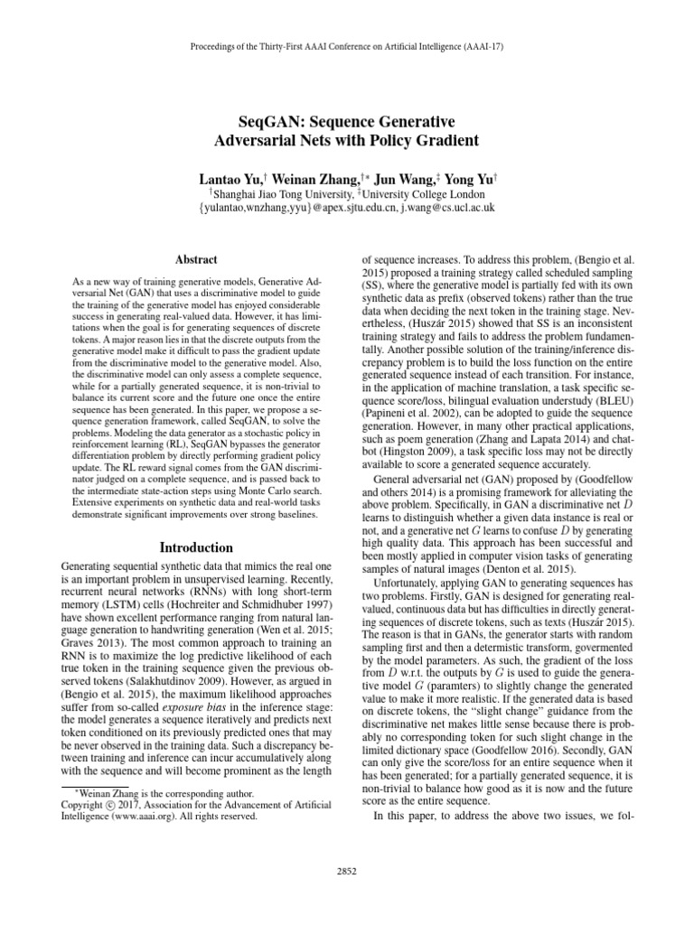 (2017AAAI) SeqGAN Sequence Generative Adversarial Nets With Policy Gradient | PDF | Artificial ...