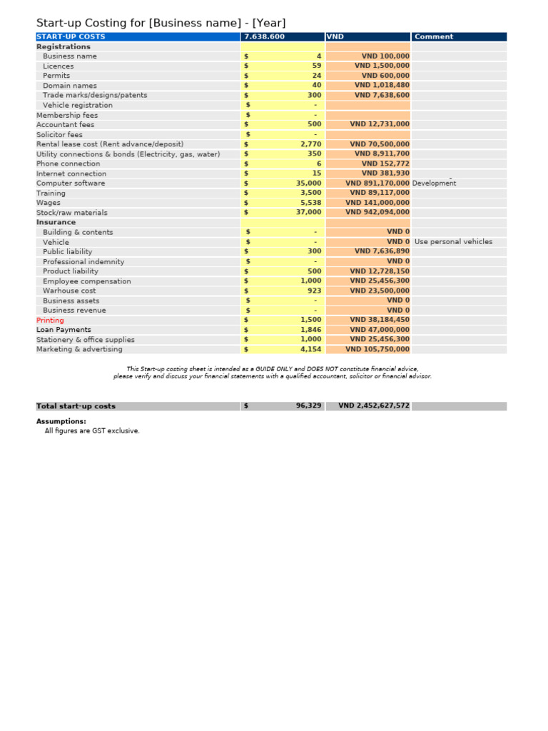 Start-up Costing Sheet Guide | PDF | Business | Fee