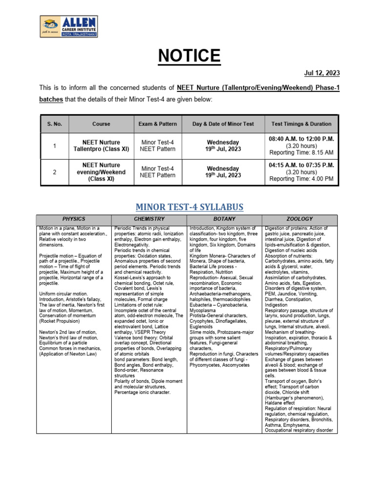 NEET Nurture Minor Test-4 Details | PDF | Chemical Bond | Respiratory ...