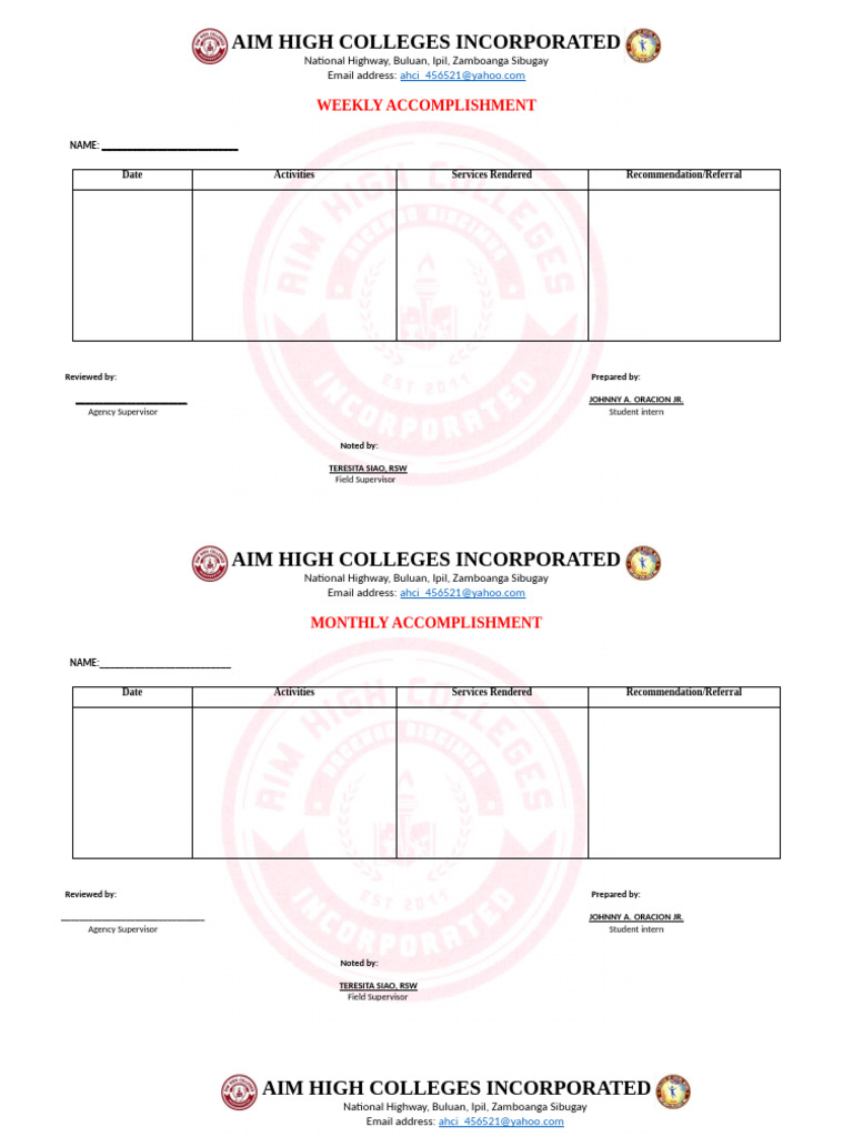 Weekly Monthly Accomplishment | PDF
