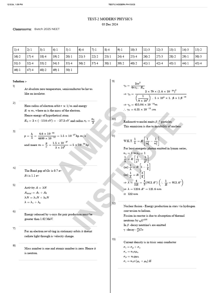 Test-2 Modern Physics Solutions | PDF | Neutron | Materials Science
