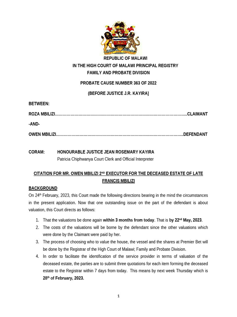 Roza Mbilizi vs. Owen Mbilizi Probate Case | PDF | Probate | Civil Law ...